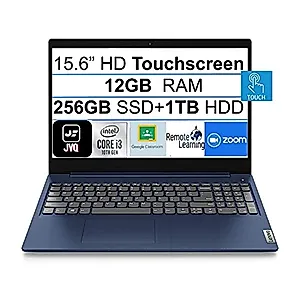 Lenovo 2021 Newest 15 IdeaPad 3 15.6" HD Touchscreen Laptop, 10th Gen Intel i3-10110U (Up to 4.1GHz Beat i5-7200U), 12GB RAM, 256GB SSD+1TB HDD, Webcam, WiFi, HDMI, Windows 10 S, Abyss Blue+JVQ MP