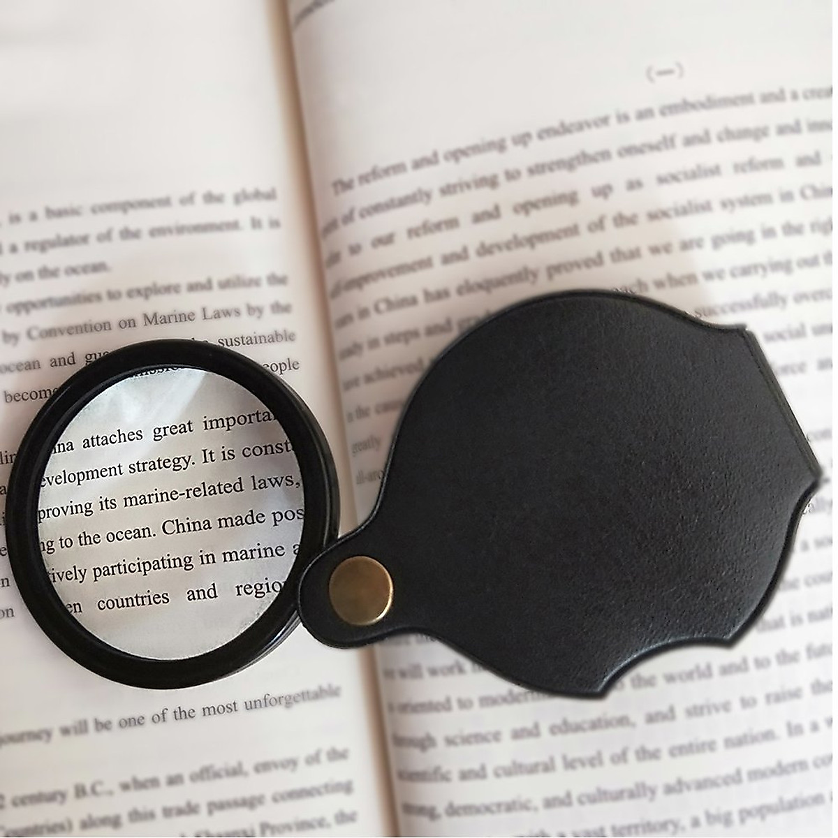 6X Mini Pocket Magnifying Glass Folding Pocket Magnifier Loupe with Rotating Protective Holster Leather Pouch for Reading,Science Class,Hobby (Black), 60mm/2.4"