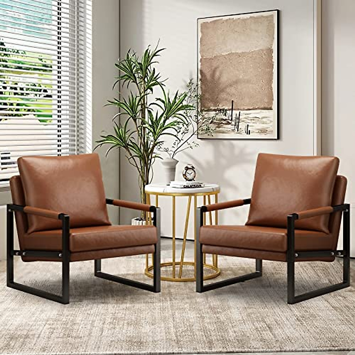 Modern Faux Leather Accent Chair Armchair with Extra-Thick Padded Backrest and Metal Frame for Living Room and Bedroom Furniture - Comfortable and Elegant（Brown）