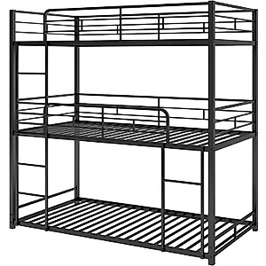 DNYN Twin Triple Bunk Bed with Built-in Ladder,Twin-Over-Twin-Over-Twin Size Metal Bunkbeds w/Safety Guardrails for Kids/Teen/Adults Bedroom,Home Furniture for Dorm,Guest Room, Black