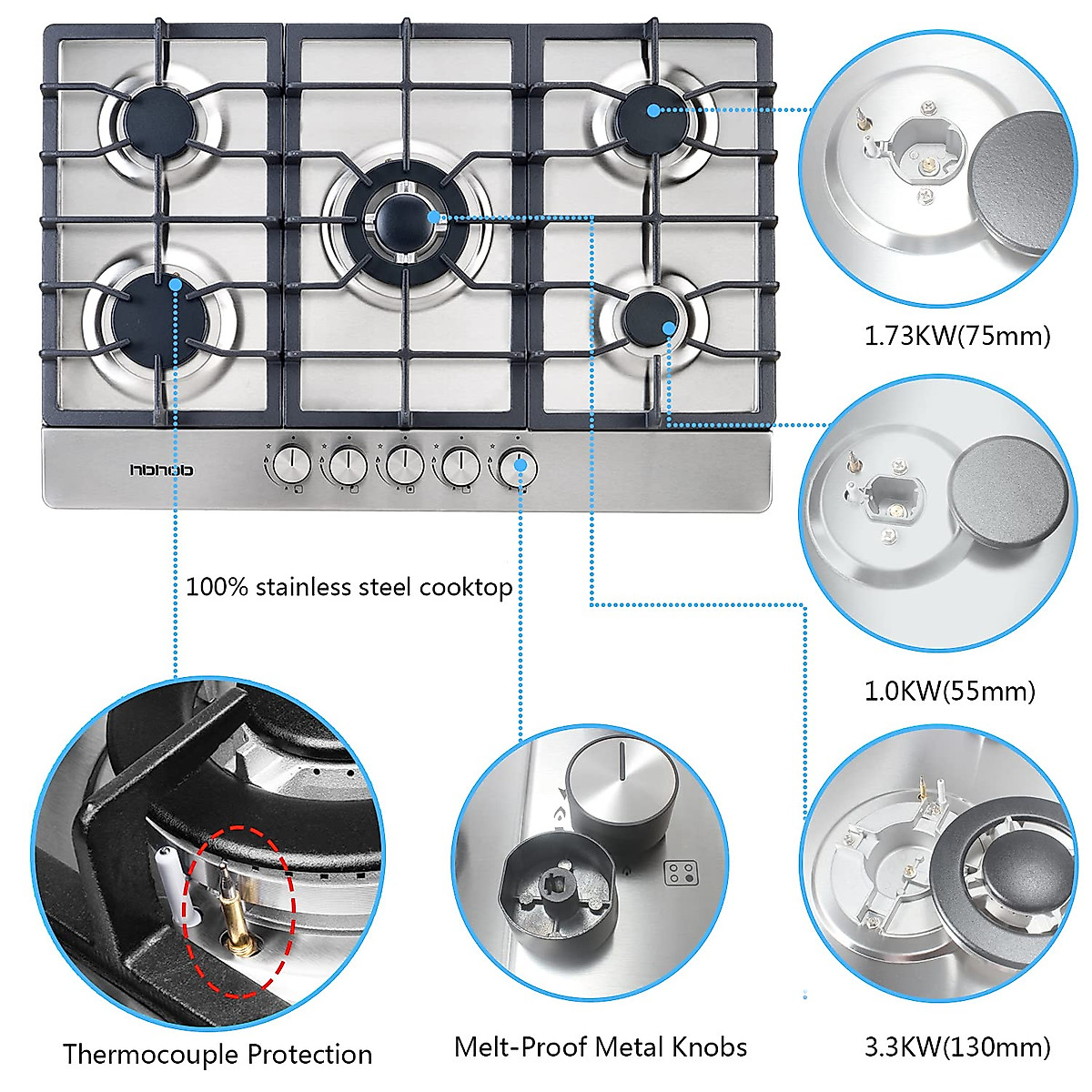 Gas Cooktop, HBHOB 30 Inches 5 Burners Gas Stove Gas Hob Stovetop Stainless 5 Sealed Burners Cast Iron Grates Built-in Gas Stove Top LPG/NG Gas Cooktop Thermocouple Protection and Easy to Clean …