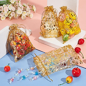 PH PandaHall 50pcs 5 x 7 Inches Golden Rose Flower Printed Organza Bags Jewelry Pouch Bags Wedding Favors Bag Organza Drawstring Pouches Wedding Favors Candy Gift Bags