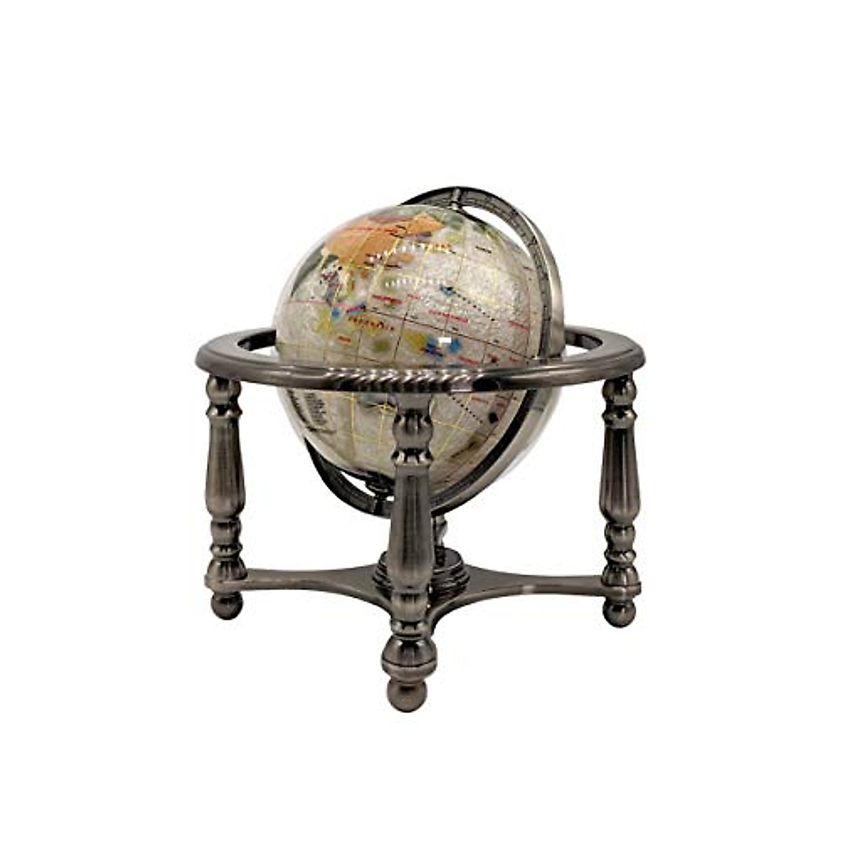 Unique Art 10-Inch Tall Pearl Swirl Ocean Gemstone World Globe with 4 Leg Silver Stand,white