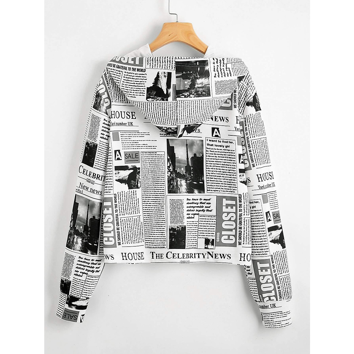 WDIRARA Women's Newspaper Print Long Sleeve Drawstring Hoodie Casual Sweatshirts Black and White L