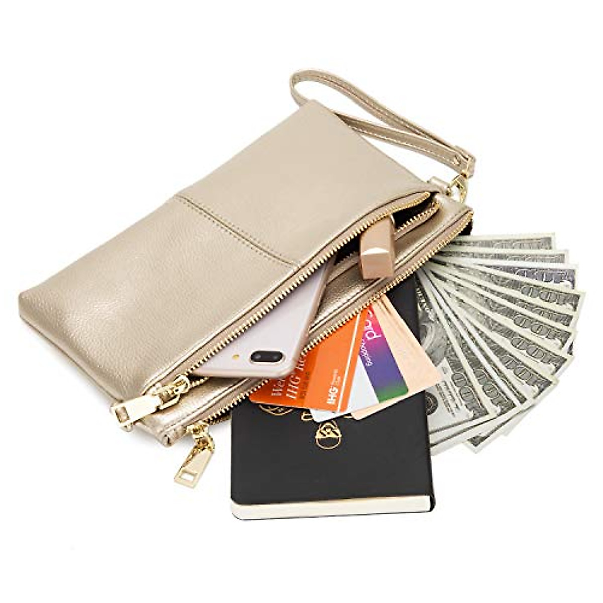 ZOOEASS Triple Zip Small Crossbody Bag Lightweight Purses Vegan Leather Wristlet Clutch, Includes Adjustable Shoulder (Gold)