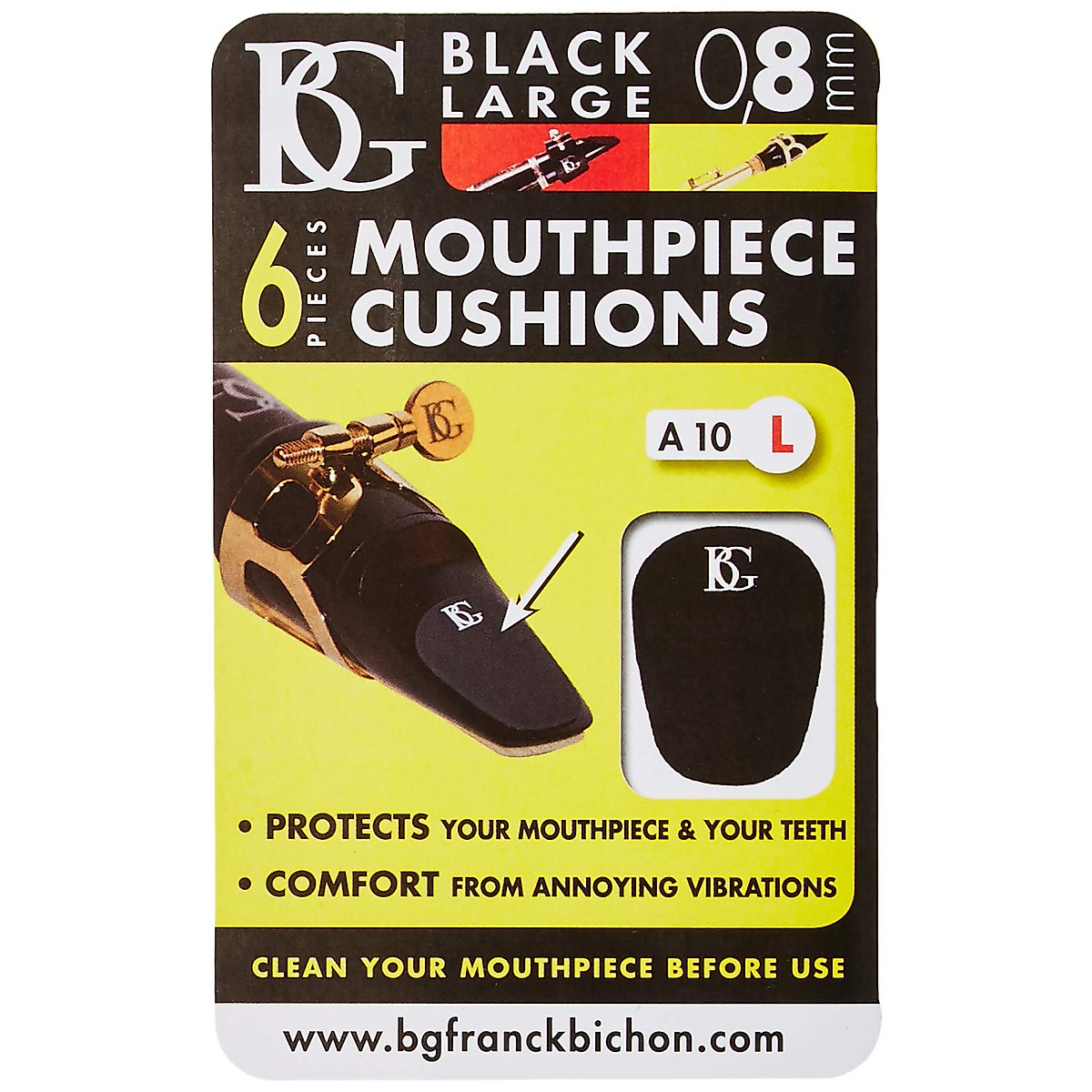 BG A10L Large Mouthpiece, 0.8mm Patches, 6 Pack - Black