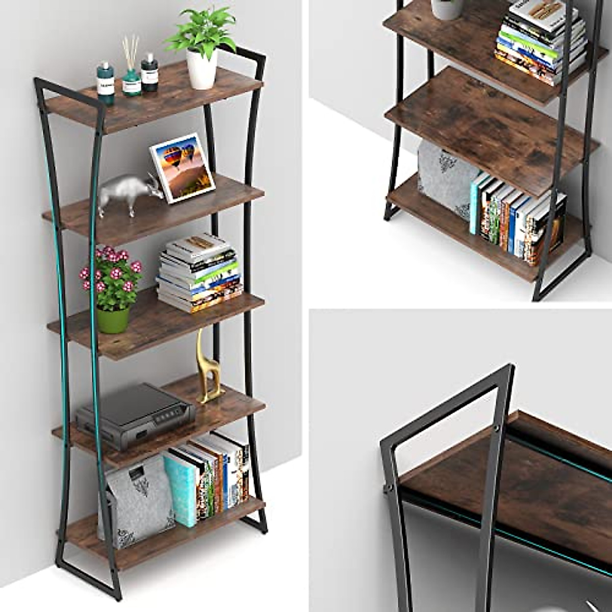 Pabroni Bookshelf Organizer 5-Tier Bookshelf Storage Rack, Rustic Standing Bookcase, Industrial Wood Metal Storage Book Shelves Unit for Home Office, Living Room and Bedroom