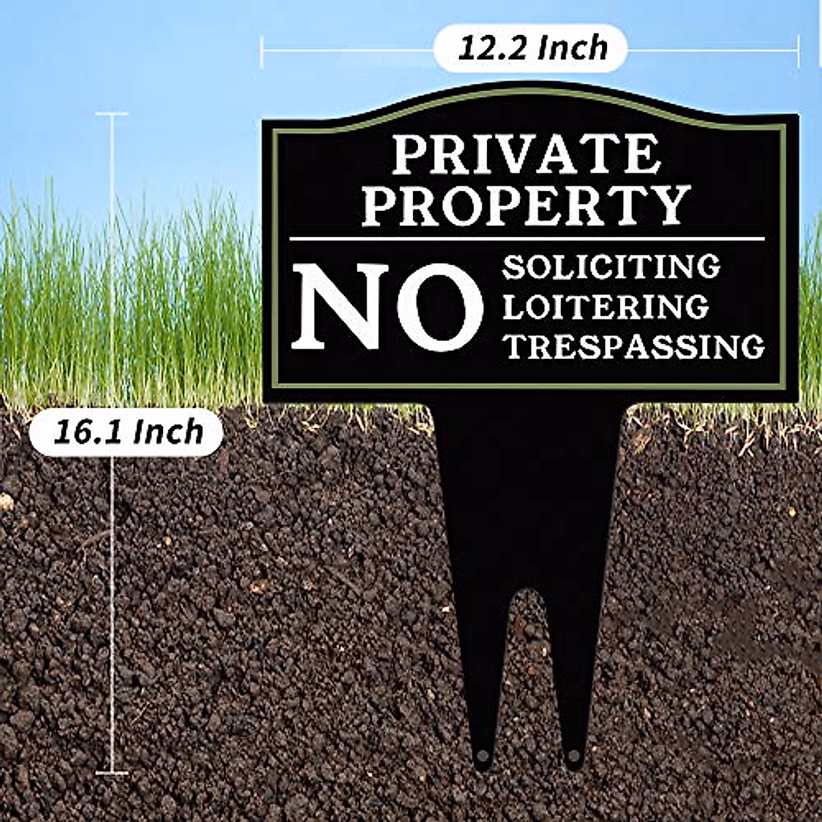 CIGERA Private Property No Trespassing, No Soliciting and No Loitering Signs with Stake, 16x12.5 Inch Rust Free Metal Yard Warning Signs, Great for House and Business