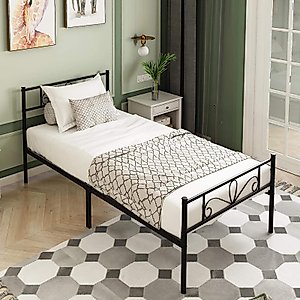 MTB Metal Bed Frame Platform Mattress Foundation, Full Size with Vintage Headboard and Footboard, Victorian Style Steel Slats Easy Assembly, Black