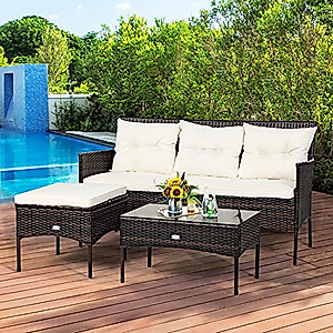 Tangkula 3 Pieces Patio Conversation Set, Outdoor PE Rattan Wicker Furniture Set W/Cozy Cushions, All Weather Sectional Sofa Set W/Tempered Glass Coffee Table for Poolside, Backyard, Garden