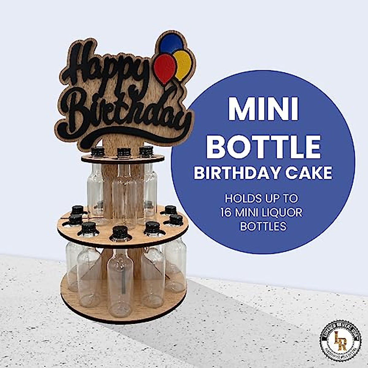 Lumber Reveal USA Mini Liquor Bottle Cake Display Shelf for 21st Birthday or Other Ages | Hand Assembled and Laser Cut | Happy Birthday and 21 Mini Liquor Bottle Holder Bday Natural