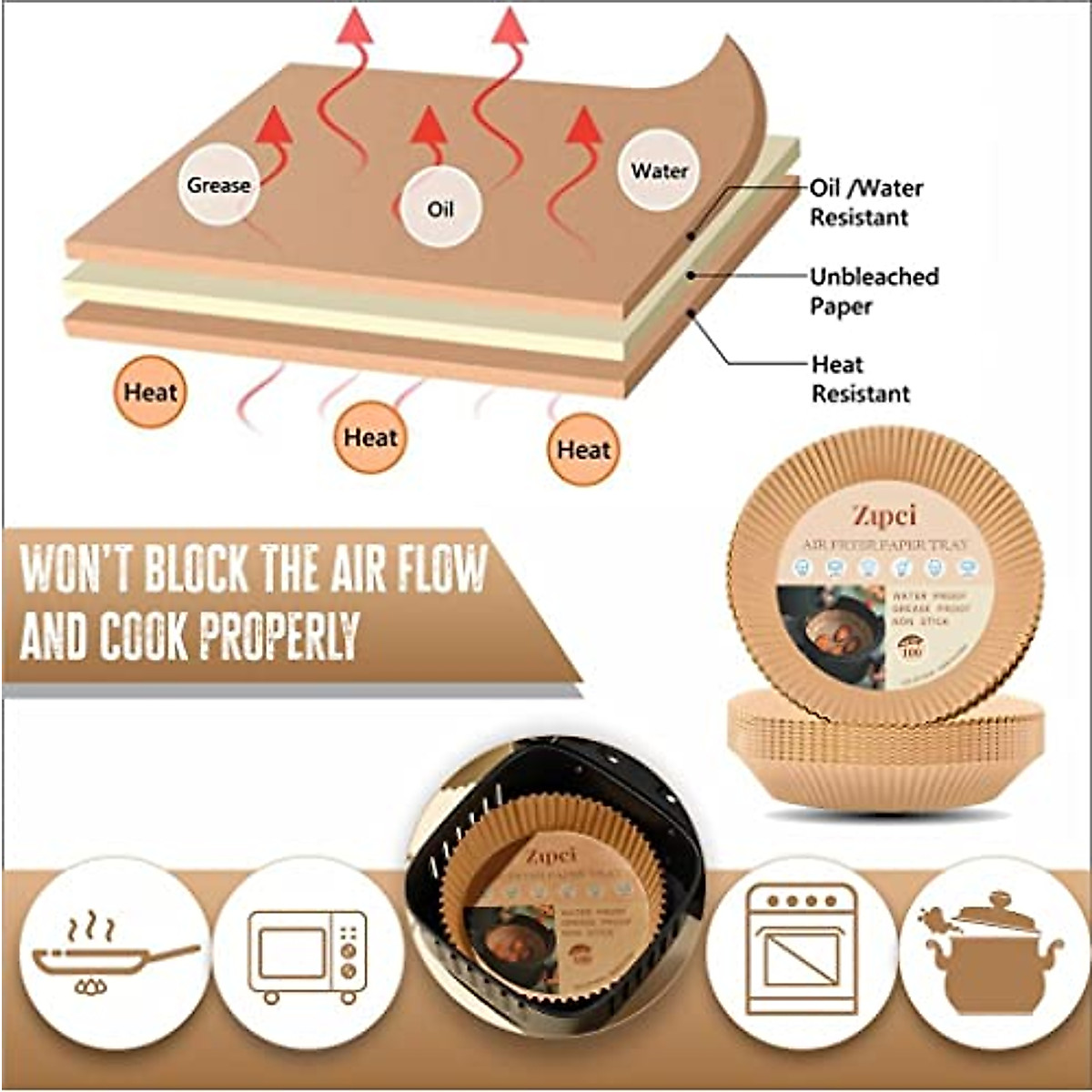 Zupci Air Fryer Liners Round - 100 Pcs 7.9 Inch Disposable Paper Dryer Liners for 4 to 6 Qt Basket - Paper Liner for Air Fryer Basket- Non-stick Oil Air Fryer Liner Round- Water Proof Parchment Paper