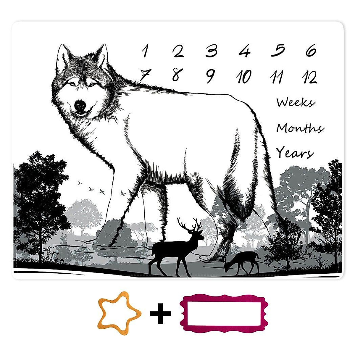 OHTMTHO Baby Monthly Milestone Blanket, Baby Blankets for Boys | Girls, Newborn Photo Background Blanket with Milestone Marker, Wolf & Deer, 40"x50"