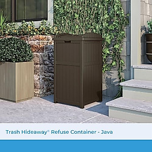 Suncast 33 Gallon Durable Plastic Hideaway Outdoor Garbage Can with Secure Lid and Wicker Design for Home Backyards, Decks, or Patios, Java Brown