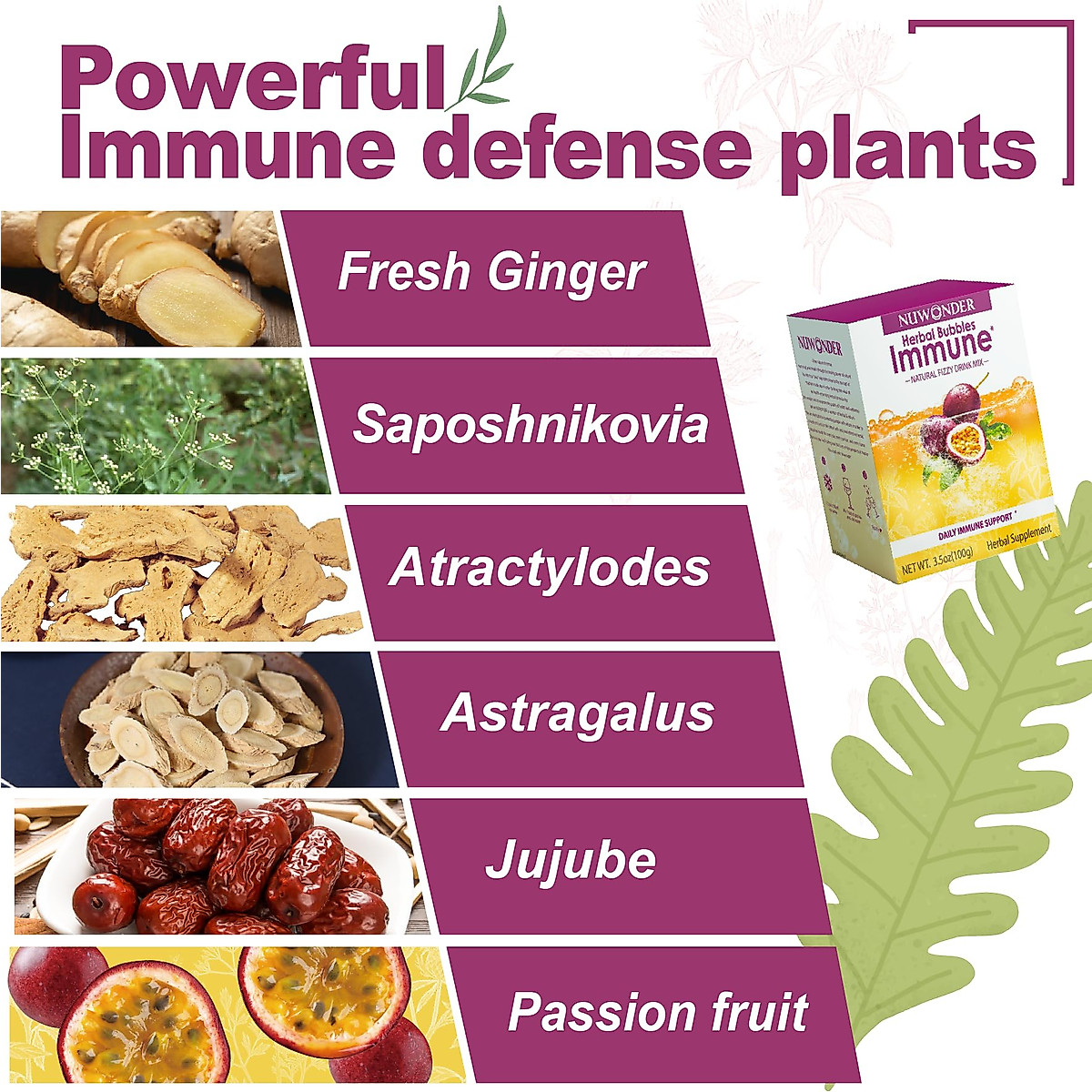 NuWonder Immunity Support Herbal Supplement made with Astragalus, Ginger, Jujube, Atractylodes, Natural Passion Fruit Flavor, Fizzy Bubbles, No Artificial Ingredients, Immune Booster Drink Mix 10packs