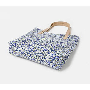 Jeelow Floral Cotton Canvas Tote Handbag with Vegan Leather Handles for Women - Lightweight Shoulder Bag Purse Snap Closure (Blue)