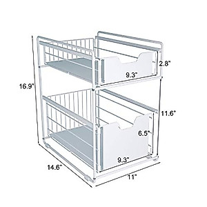 Moxeay Metal Basket Organizer 2-Tier Under Sink Cabinet Organizer with Sliding Storage Drawer, Stackable Basket Rack for Kitchen & Bathroom