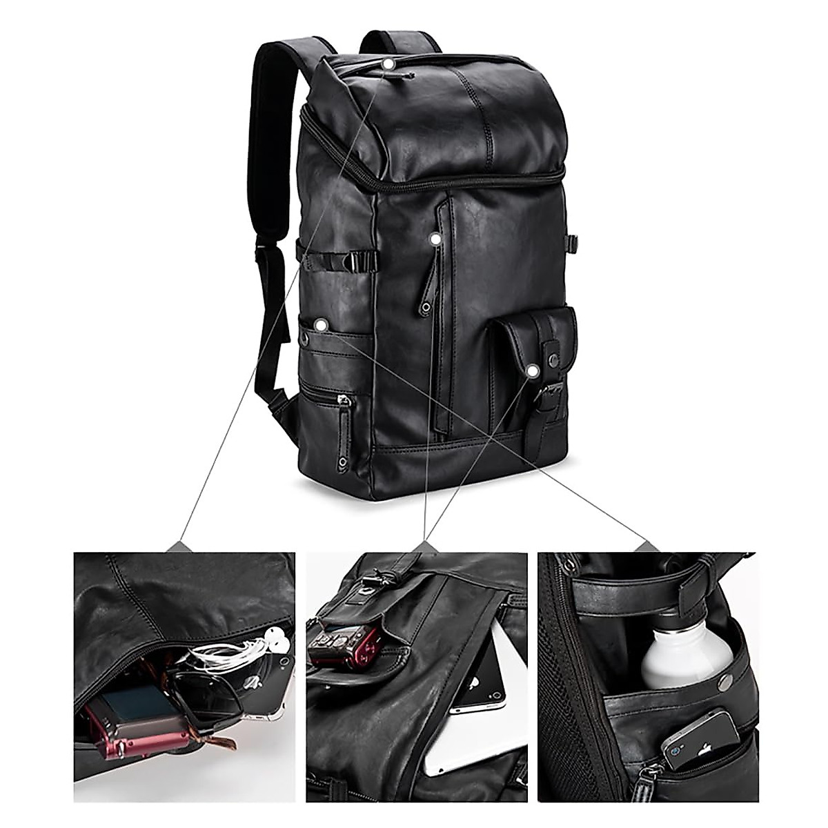 HuaChen Travel PU Leather Backpack for Men Women,Laptop Backpack for School College Bookbag Computer (YZ24_Black)