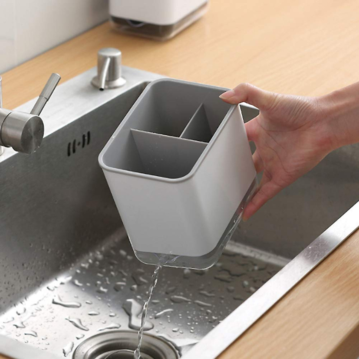 AKOAK 1 Pack Chopstick Holder - Cutlery Storage Box, Sink Cutlery/Spoon/Knife/Fork 3 Compartment with Drain Pipe Ideal Kitchen Organizer