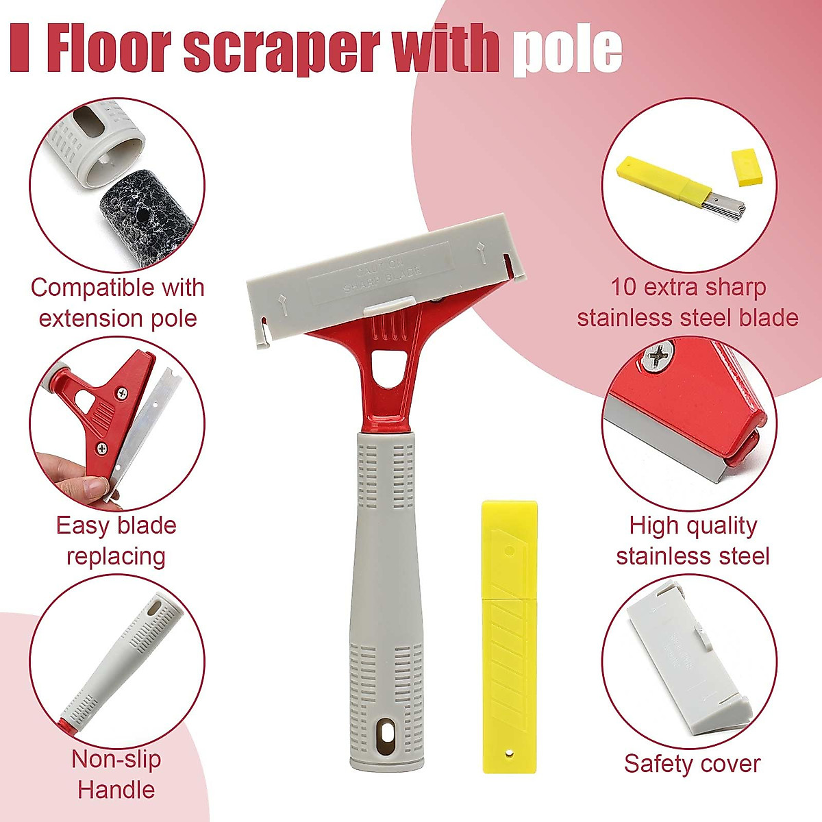Floor Scraper, Long Handle Floor Scraper Heavy Duty, Metal Paint Scraper with 10PCS Extra Blades Scraper for Cleaning Windows Glass, Tiles, Wall, Floor