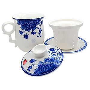 Tea Talent Porcelain Tea Cup with Infuser Lid and Saucer Sets - Chinese Jingdezhen Ceramics Coffee Mug Teacup Loose Leaf Tea Brewing System for Home Office