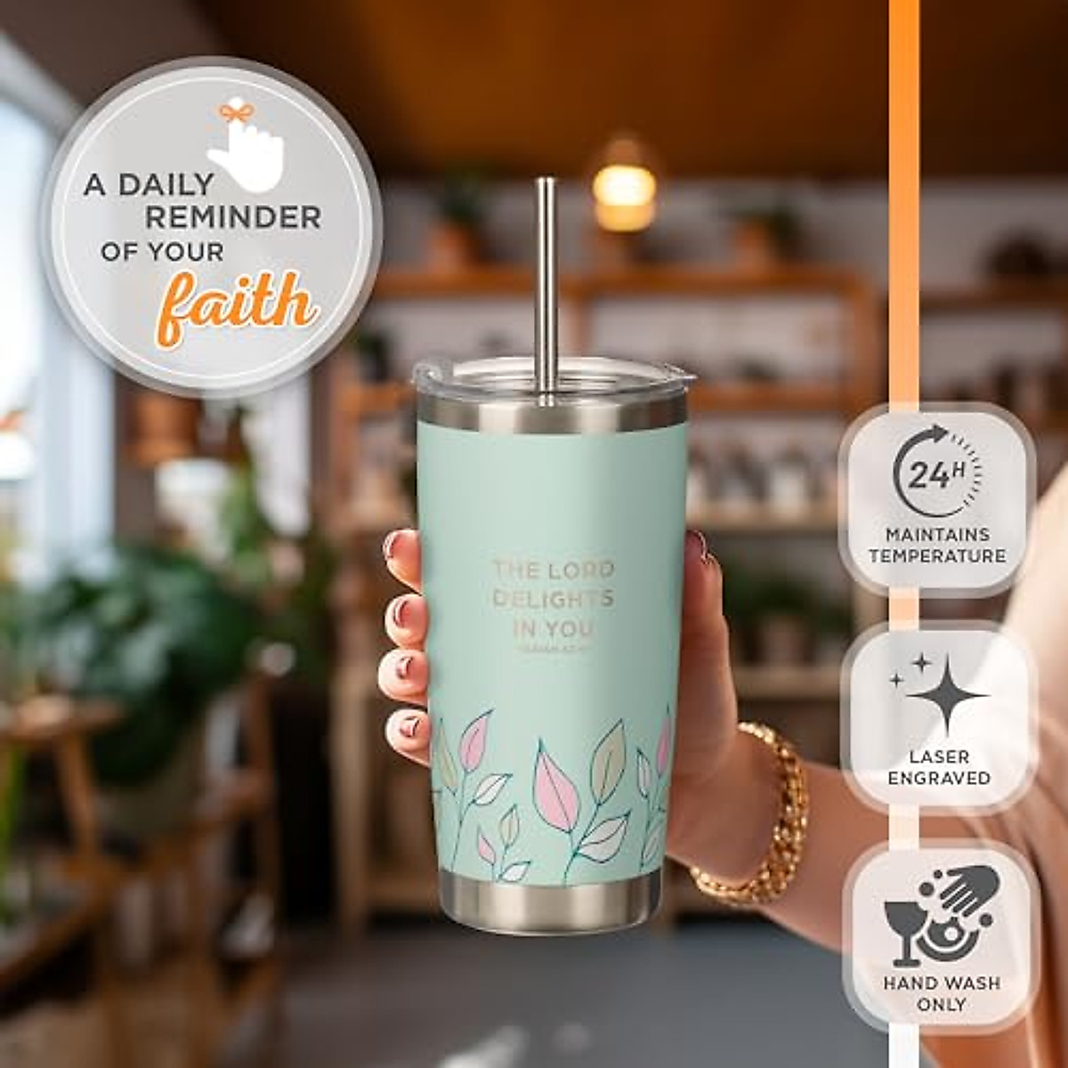 Christian Art Gifts Reusable Stainless Steel Tumbler Travel Mug w/Straw for Mothers: First My Mom Forever My Friend w/Scripture, Vacuum Insulated, Pop-up Lid, Hot/Cold, Cute Mint Green Floral, 18 oz.