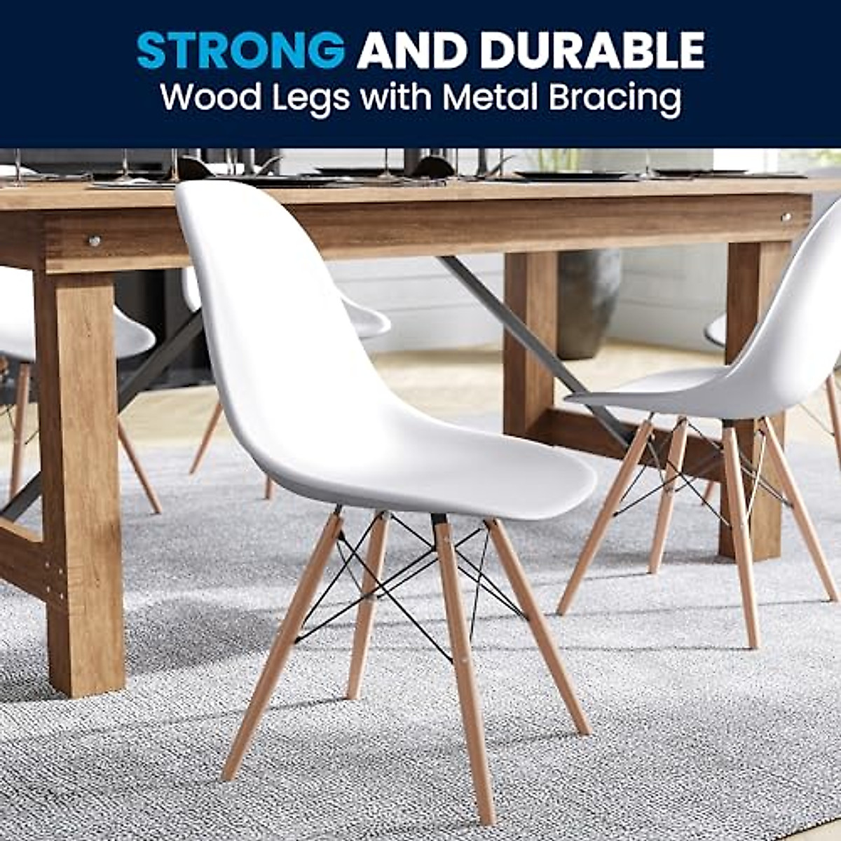 Flash Furniture Elon Series Plastic Modern Dining Chairs with Wooden Legs, Mid-Century Side Chairs for Dining Rooms and Offices, Set of 2, White