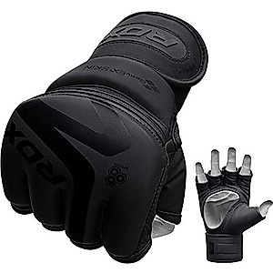 RDX MMA Gloves NOIR, Maya Hide Leather, Ventilated Open D-Cut Palm, Padded Grappling Sparring Mitts, Cage Fighting Kickboxing Mixed Martial Arts Muay Thai Training, Punching Bag Pads Workout, Black