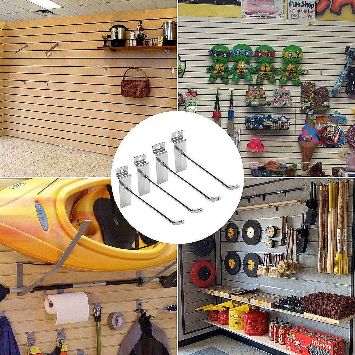 30Pack Slatwall Hooks, 4”& 6” Heavy Duty Panel Display Hooks, Commercial Grade Slat Board Hooks for Panel, 1/4” Thickness Metal Slatwall Deluxe Hooks for Garage Shop Retail Display, Silver