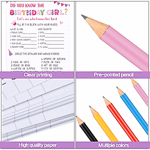 50 Sheets Who Knows The Birthday Girl Game Cards Birthday Girl Party Game Cards with 20 Pieces Pre Pointed Wood Pencils Notebook Themed Party Activity Card for Sleepover Slumber Party Supplies