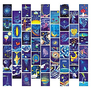 Blue Dream Quiet Room Decor Aesthetic wall collage kit Posters Elk Ocean Moon Galaxy Stars Cosmic Fantasy Elements Artwork for teen girls women bedroom home dorm abstract card Wall Art decor (50pcs 4x6inch)