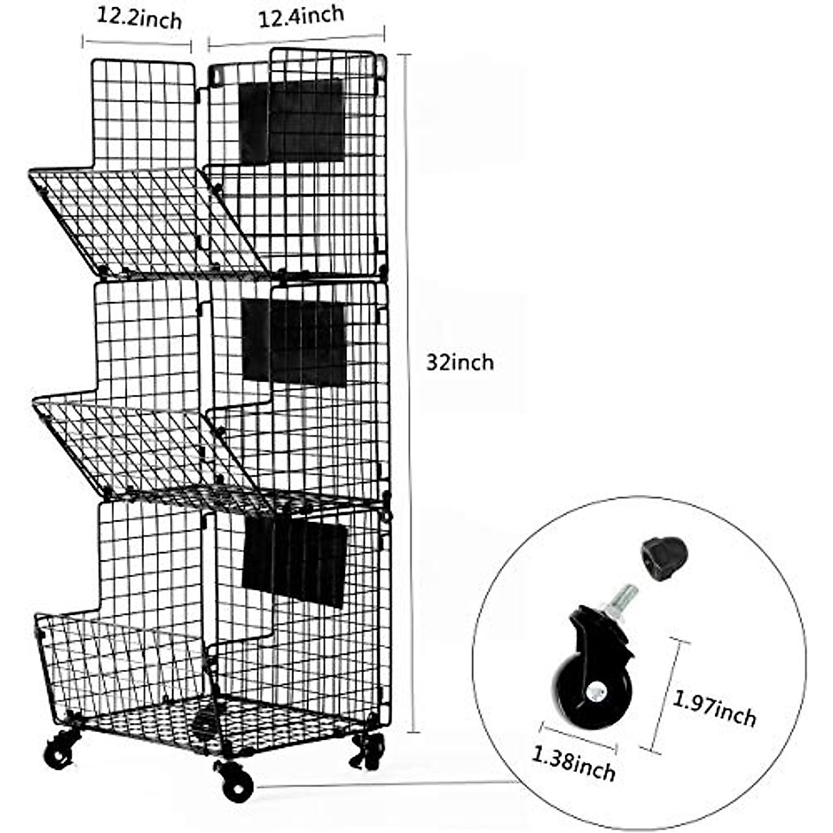 3 Tier Rolling Toy Organizer Basket - Wire Kids Toy Storage with Wheel, S-Hooks, Adjustable Chalkboards - Toy Storage Cart Wall Bookshelf for Kids Room, Playroom, Bedroom