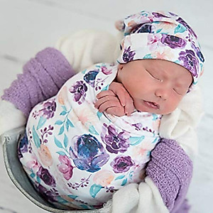 Terriboo Newborn Floral Print Blanket Baby Stretch Wrap Swaddle Blanket Receiving Blanket with Matching Headband and Beanie