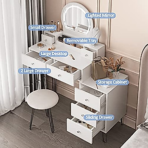 Fameill Makeup Vanity Desk with Lighted Mirror,White Vanity Table Set with Round Mirror,3 Color Touch Screen Dimming Mirror,7 Drawers Bedroom Dressing Table with Soft Cushioned Stool