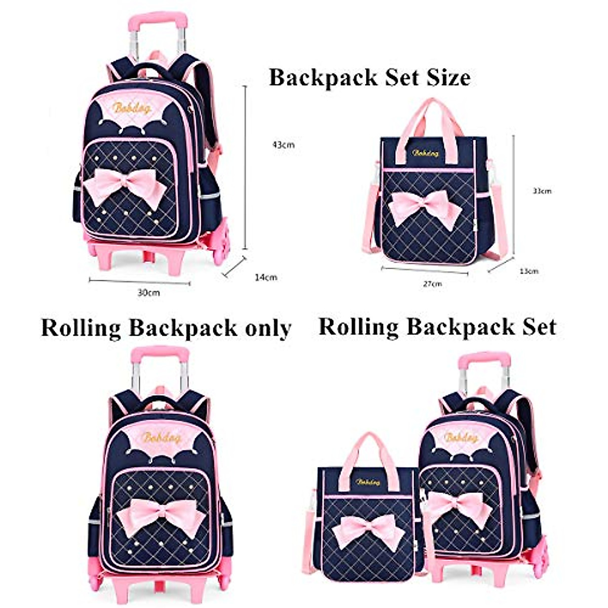 Cute Print Bowknot Trolley Backpack Elementary Middle School Rolling Bag Wheeled BookBag for Kids Girls