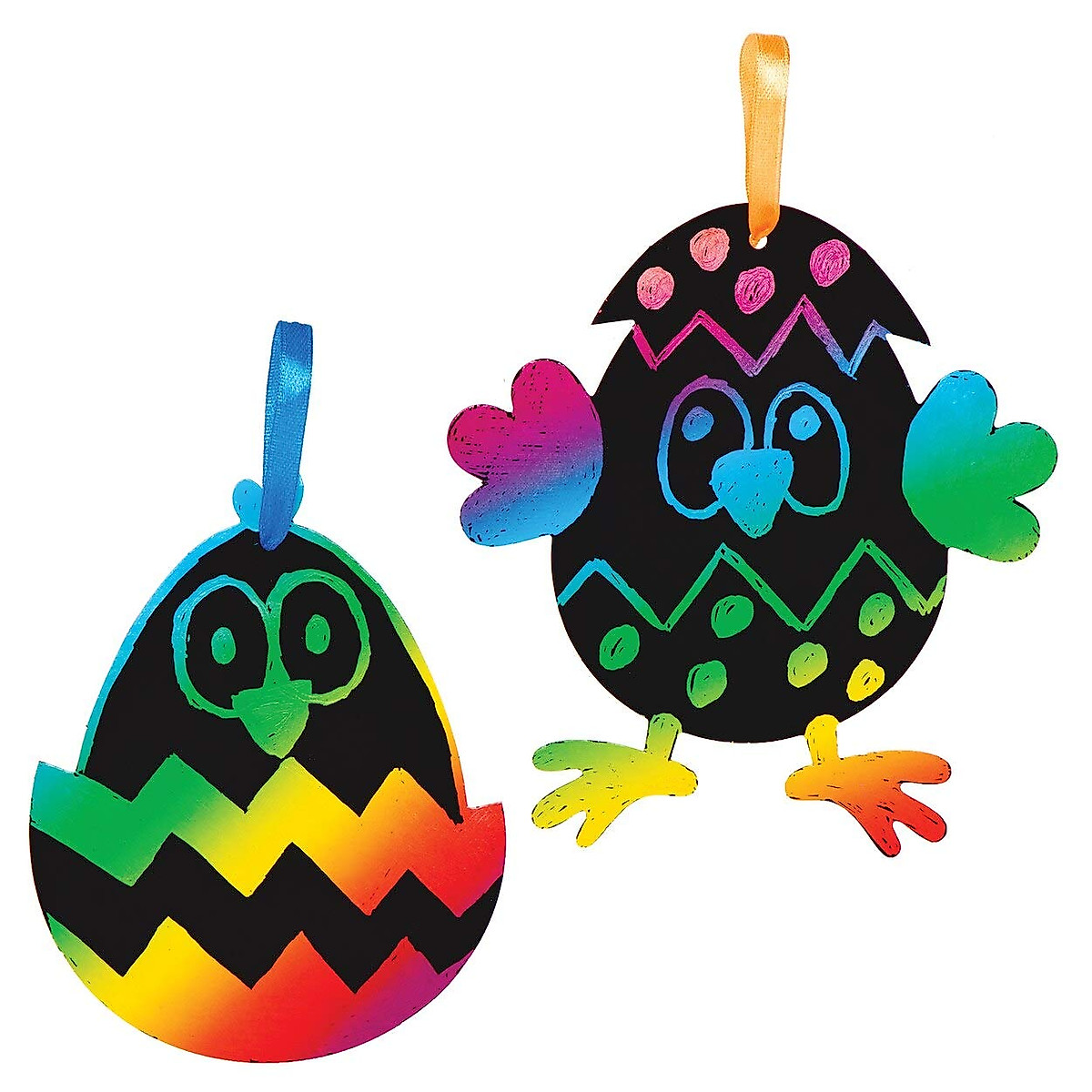 Baker Ross AT419 Easter Chick Scratch Art Ornament Kit - Pack of 10, Blank Egg Designs to Scratch Art for Kids Bright Colored Designs