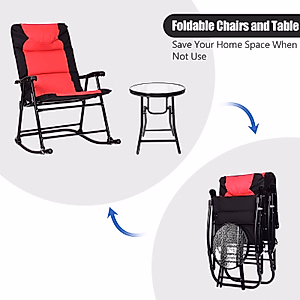 Tangkula 3 Pieces Folding Bistro Set, Outdoor Rocking Chairs with Round Table Set, Foldable Chairs & Glass Top Coffee Table, Patio Folding Furniture Set for Backyard, Garden, Poolside, Porch (Red)