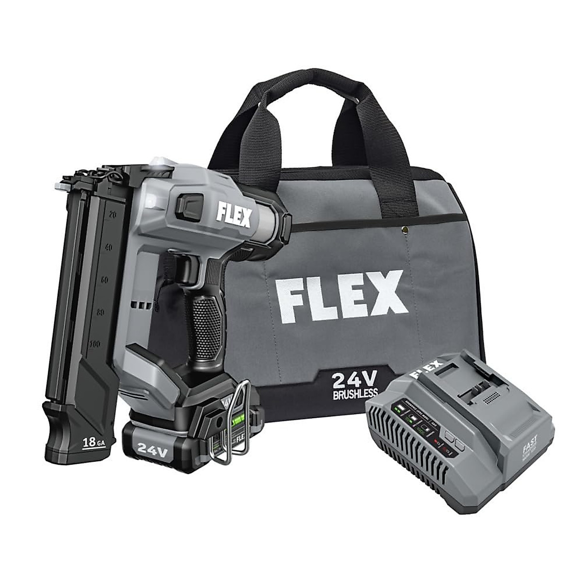 FLEX 24V Brushless Cordless 18 Gauge 5/8-inch to 2-1/8-inch Brad Nailer Kit with 2.5Ah Lithium Battery and 160W Fast Charger - FX4331-1A