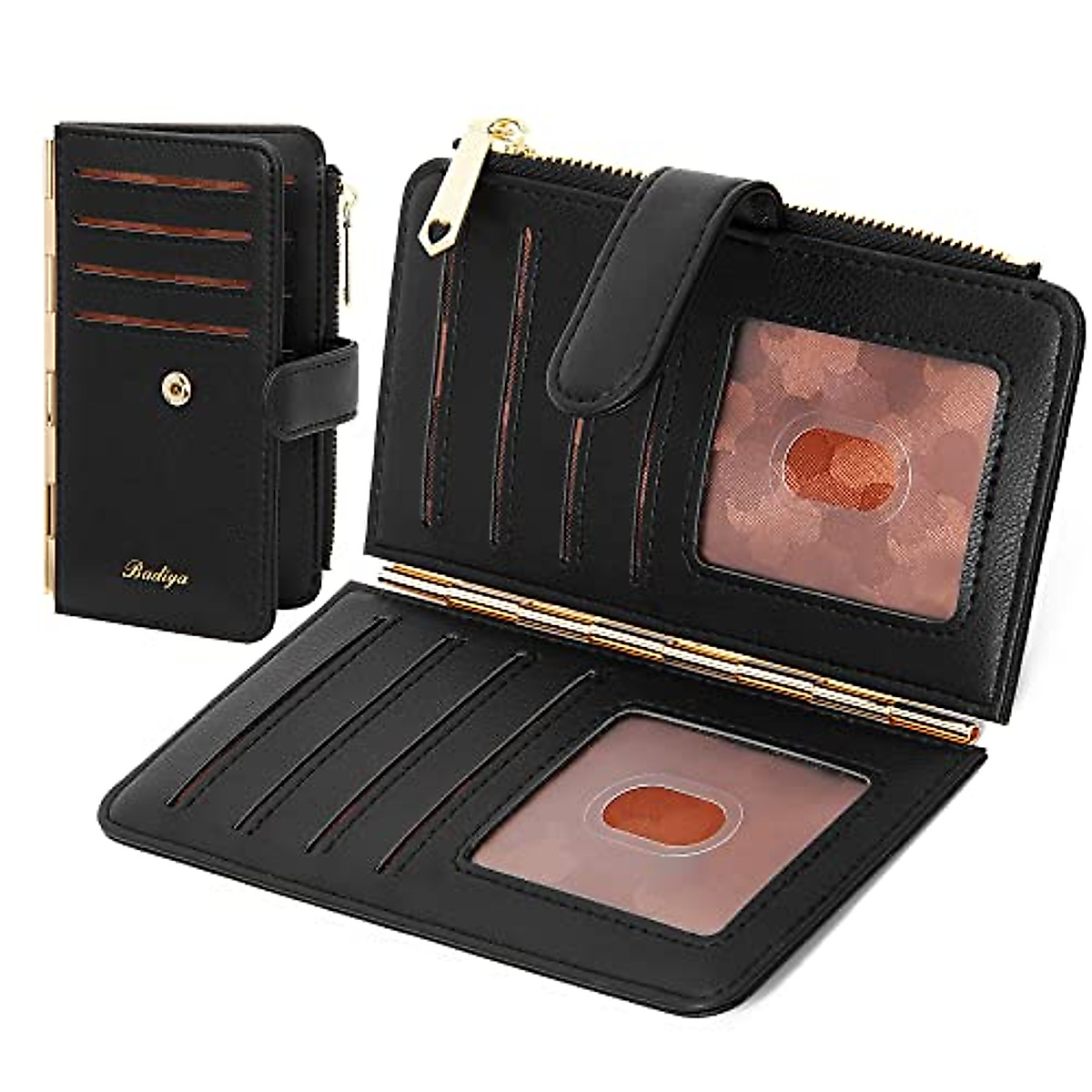 Badiya Credit Card Holder for Women RFID Blocking Slim Wallet Bifold Multi Card Case Zipper Pocket with 3 ID Window
