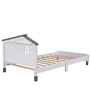 Merax Kids Mordern House Beds Frame Twin, Wood Low Bed for Boys,Girls, No Box Spring Need (Twin, White+Gray)