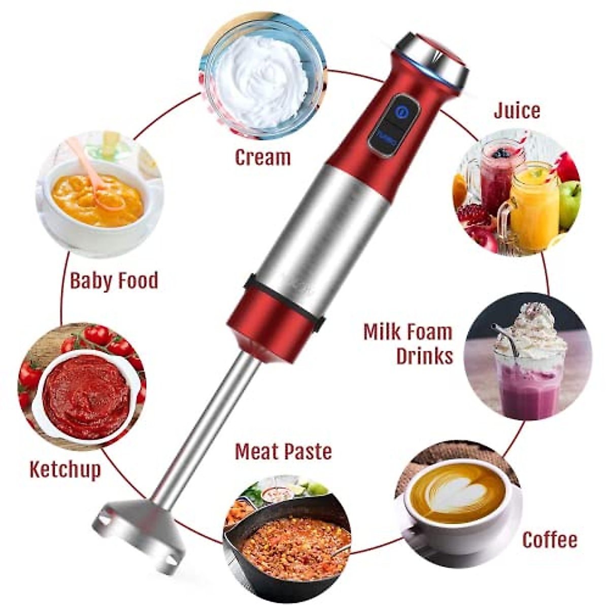 Immersion Hand Blender,500W-Stepless Speed 4-in-1 Smart Stick Blender with 800ml Mixing Beaker,Milk Frother,Egg Whisk for Smoothies/Puree Baby Food/Sauces/Soups,Red