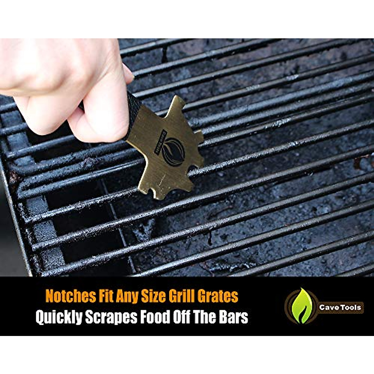 Cave Tools Bristle-Free Metal Grill Scraper - Includes Bottle Opener - Barbeque Brush Substitute - BBQ Grill Accessories, Brass