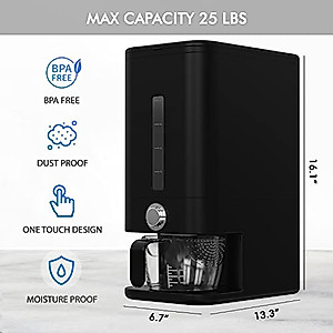 Retail Blade 25lb Rice Dispenser - Air Tight Grain & Rice Container With Smart Quantity Dispense, Measuring Cup - NEW Black Design Grain Storage Container.