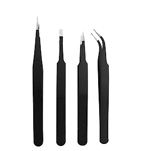4 Pieces Stainless Steel Anti-Static Tweezers Set for Eyelash Extension Straight and Curved Pointed Tweezers