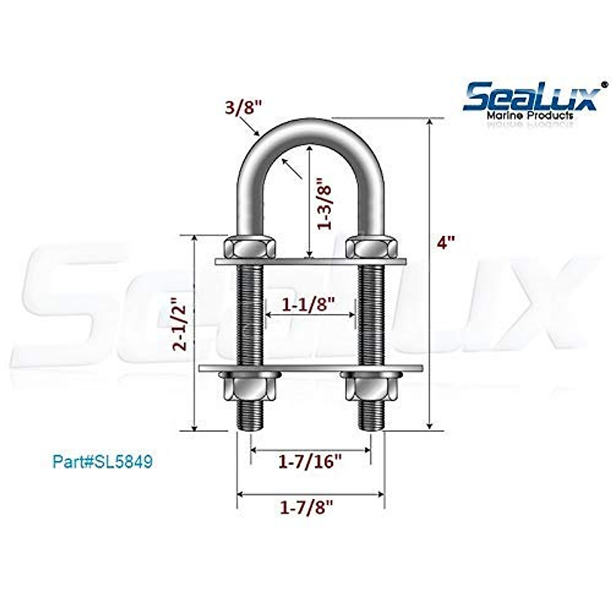 SeaLux Marine Boat Bow Eye Stern Eye U Bolt Tie Down 3/8" Stock, 4" Overall Length, 2-1/2" Thread Length with Hex Nuts and washers-SL878805849