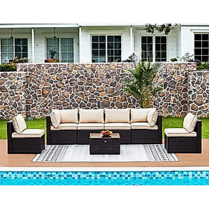 NATURAL EXPRESSIONS 7 Piece Outdoor Patio Furniture Sets,All-Weather Wicker Sectional Sofa Patio Set Conversation Set,Tempered Glass Table & Washable Cushions for Backyard,Porch,Garden,Balcony