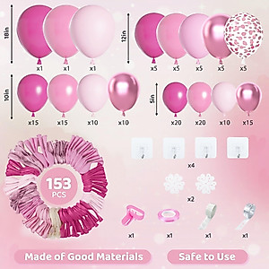 Amandir 153pcs Pink Balloon Garland Arch Kit, Different Sizes 18 12 10 5 inch Hot Pink Latex Metallic Confetti Pink Balloons for Birthday Princess Wedding Baby Shower Party Decorations