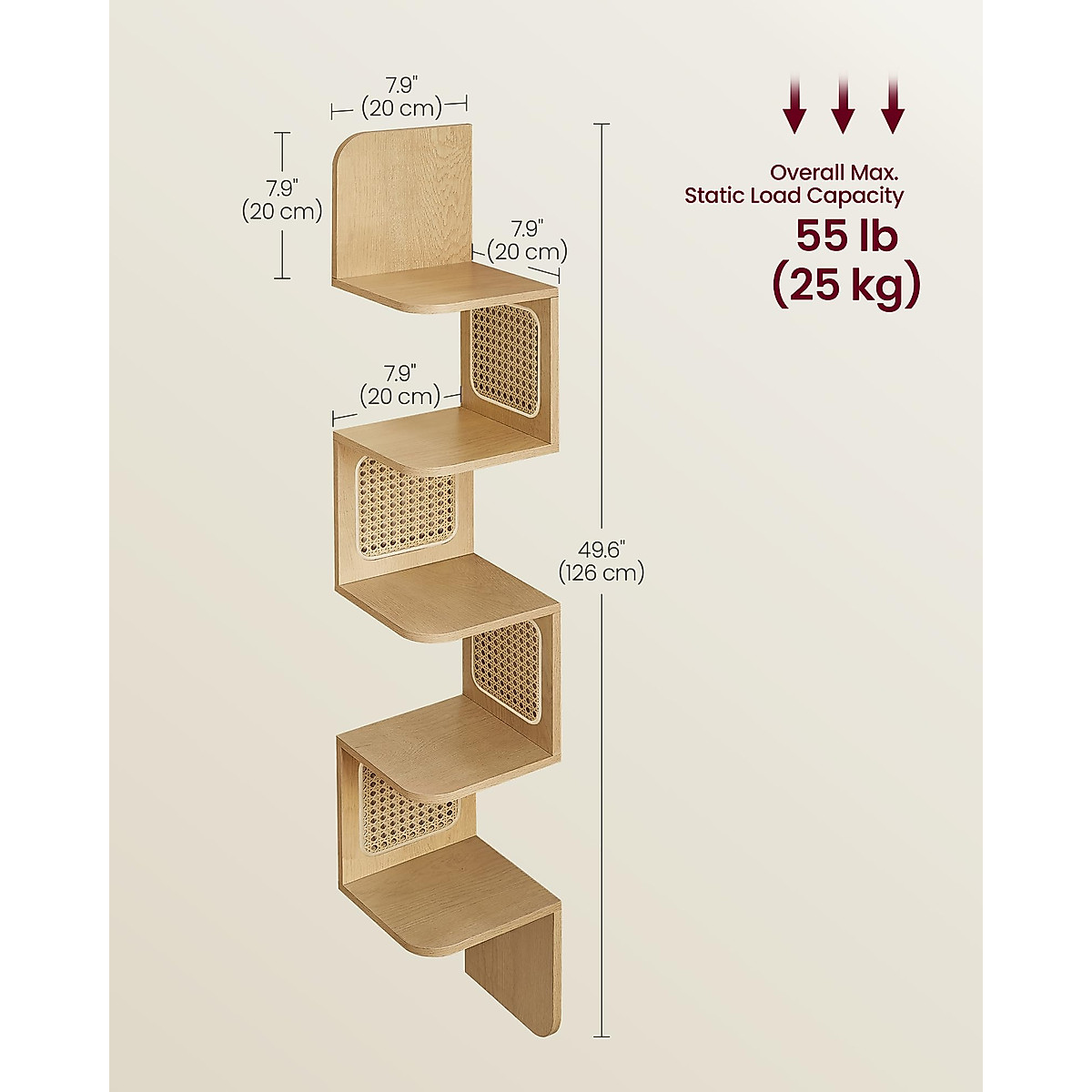 VASAGLE 5-Tier Corner Shelf, Wall Mounted Floating Shelf, Zigzag Corner Shelf Unit, PVC Rattan Sides, Space-Saving, for Kitchen, Living Room, Bedroom, Boho Style, Oak Beige ULLS582Y57