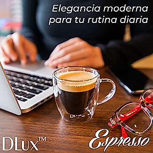 DLux Espresso Coffee Cups 3oz, Double Wall, Clear Glass Set of 2 Glasses with Handles, Insulated Borosilicate Glassware Tea Cup