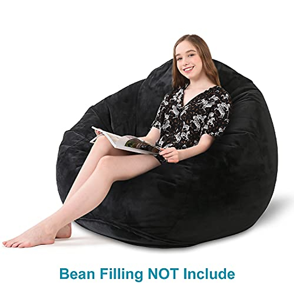 MFTEK Bean Bag Chair Cover(No Filling), Large Washable Soft Velvet Bean Bag, Stuffed Animal Storage or Memory Foam for Kid Adults, 35’’×35’’×43’’ (Black)